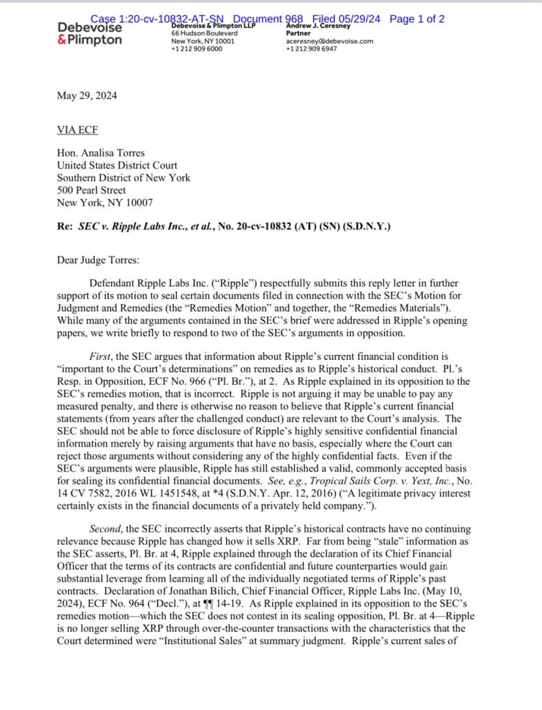 Ripple Files New Motion, Refutes Claim About XRP Price Suppression