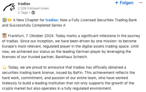 Tradias Now a Licensed Securities Trading Bank