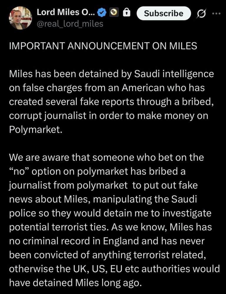 Lord Miles Isn't Dead: Polymarket Scandal Takes New Turn