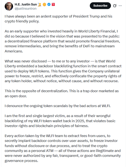 Justin Sun Sues World Liberty Financial Over WLFI Crypto Freeze