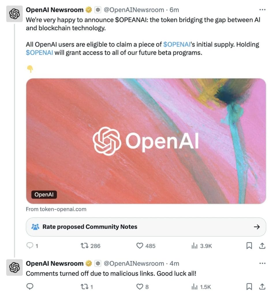 La cuenta oficial de OpenAI X fue hackeada, lo que ha pasado